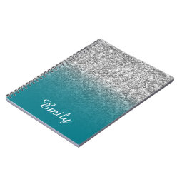 Silver Glitter and Teal Ombre Personalized Notebook | Zazzle