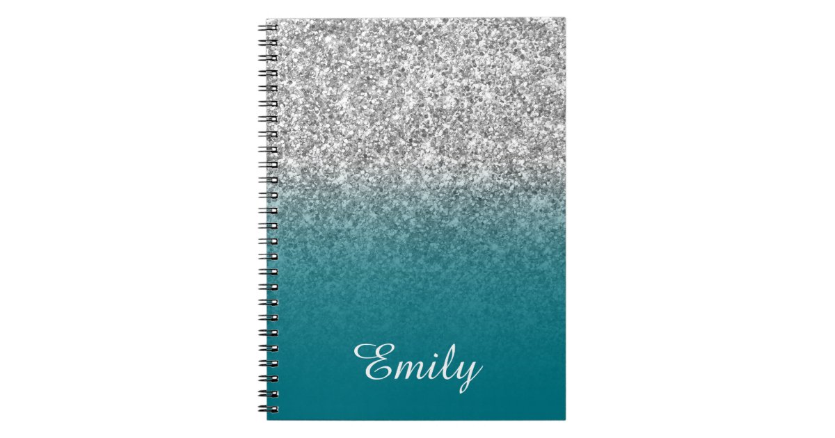 Silver Glitter and Teal Ombre Personalized Notebook | Zazzle