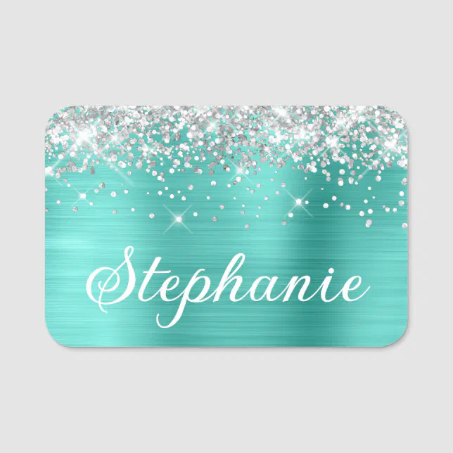 Silver Glitter and Turquoise Foil First Name Tag | Zazzle