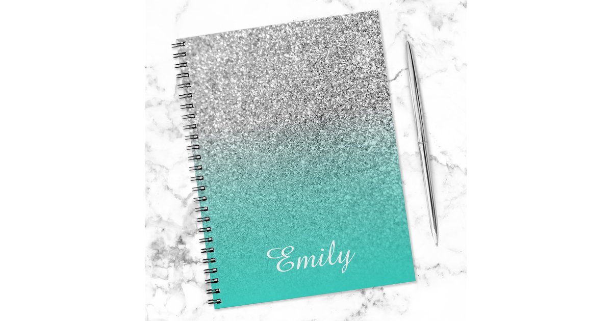 Silver Glitter and Turquoise Ombre Personalized Notebook | Zazzle
