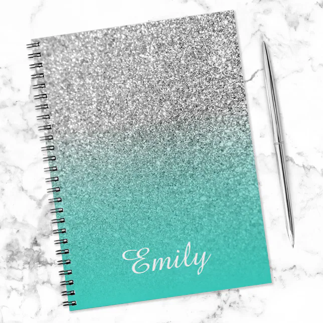 Silver Glitter and Turquoise Ombre Personalized Notebook | Zazzle