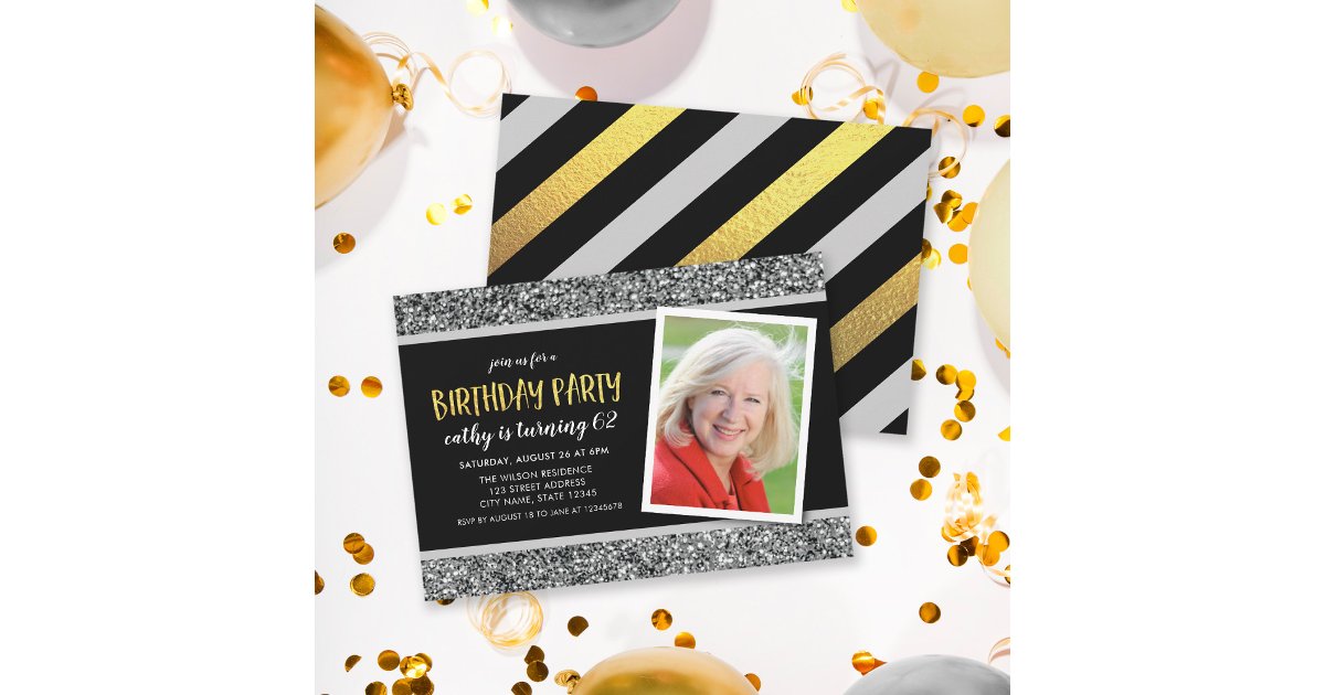 Silver Glitter Any Age Photo Birthday Invitation | Zazzle