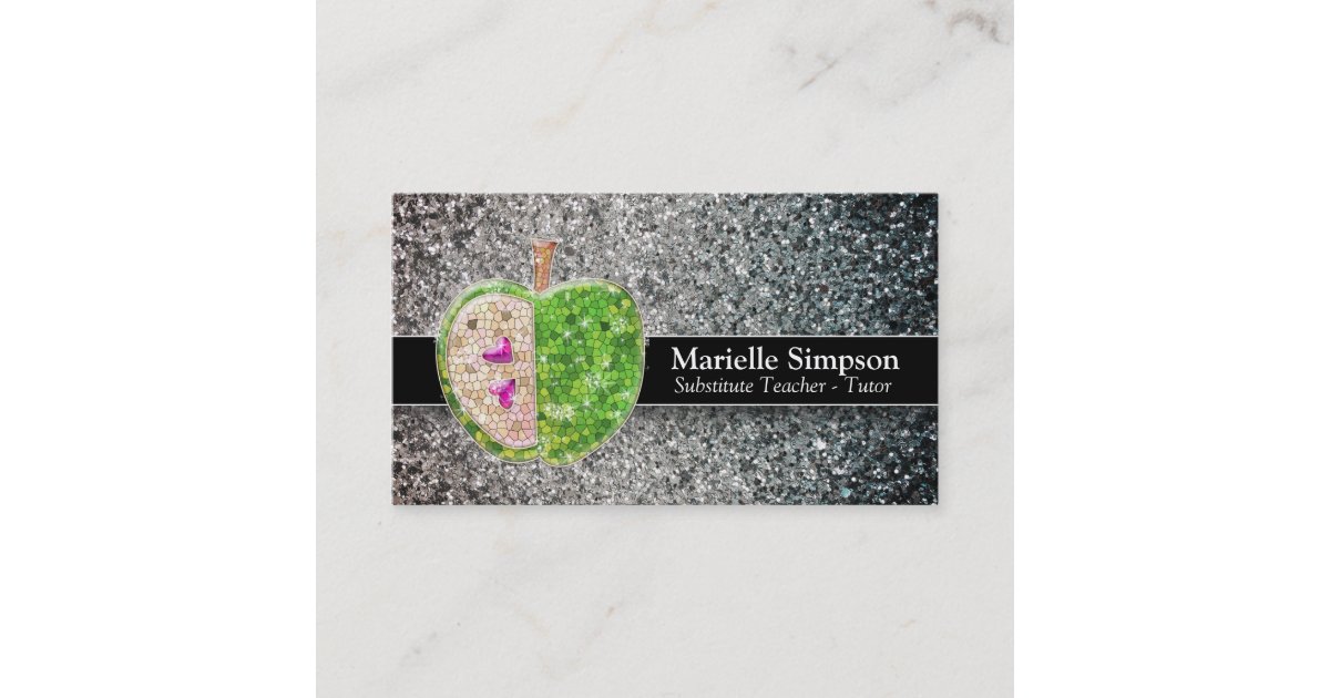 Silver Glitter Apple Substitute Teacher Tutor MUA Business Card | Zazzle