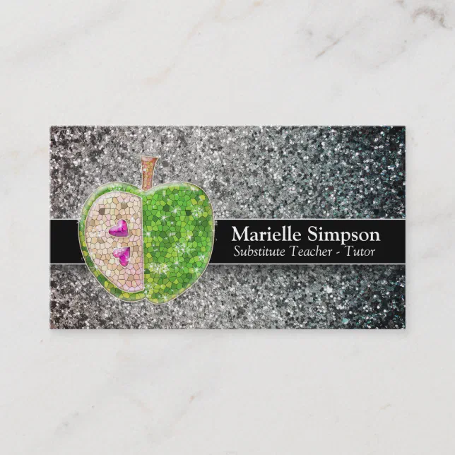 Silver Glitter Apple Substitute Teacher Tutor MUA Business Card | Zazzle