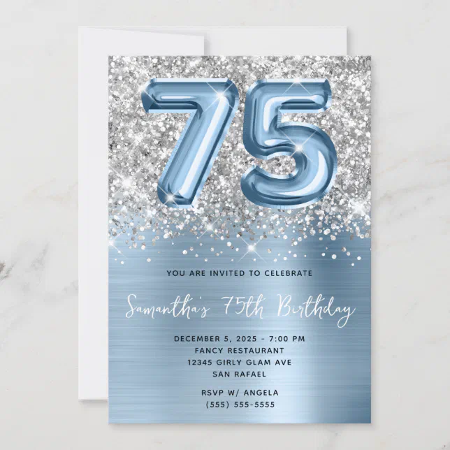 Silver Glitter Blue Balloon Glam 75th Birthday Invitation | Zazzle