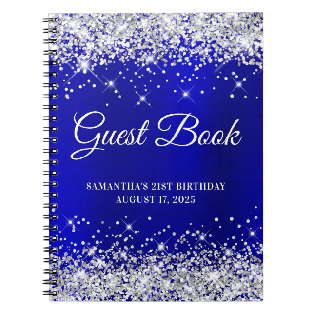 Silver Glitter Blue Satin 21st Birthday Guestbook Notebook | Zazzle