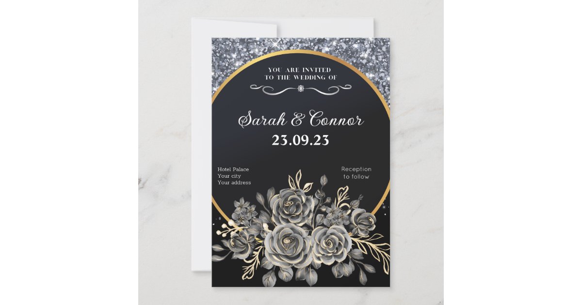 Silver Glitter Border Black Roses Invitation | Zazzle