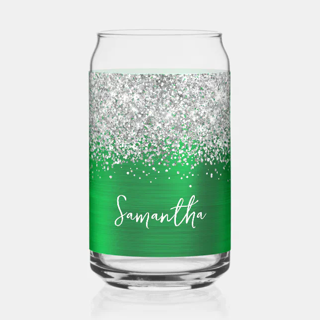 Silver Glitter Bright Green Glam Name Can Glass | Zazzle