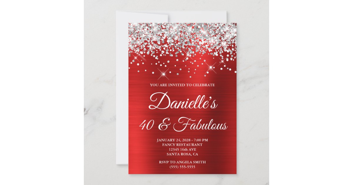Silver Glitter Bright Red Foil 40 and Fabulous Invitation | Zazzle