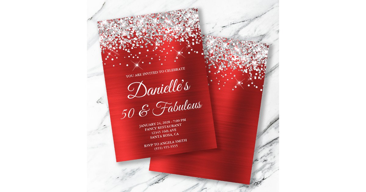 Silver Glitter Bright Red Foil 50 and Fabulous Invitation | Zazzle