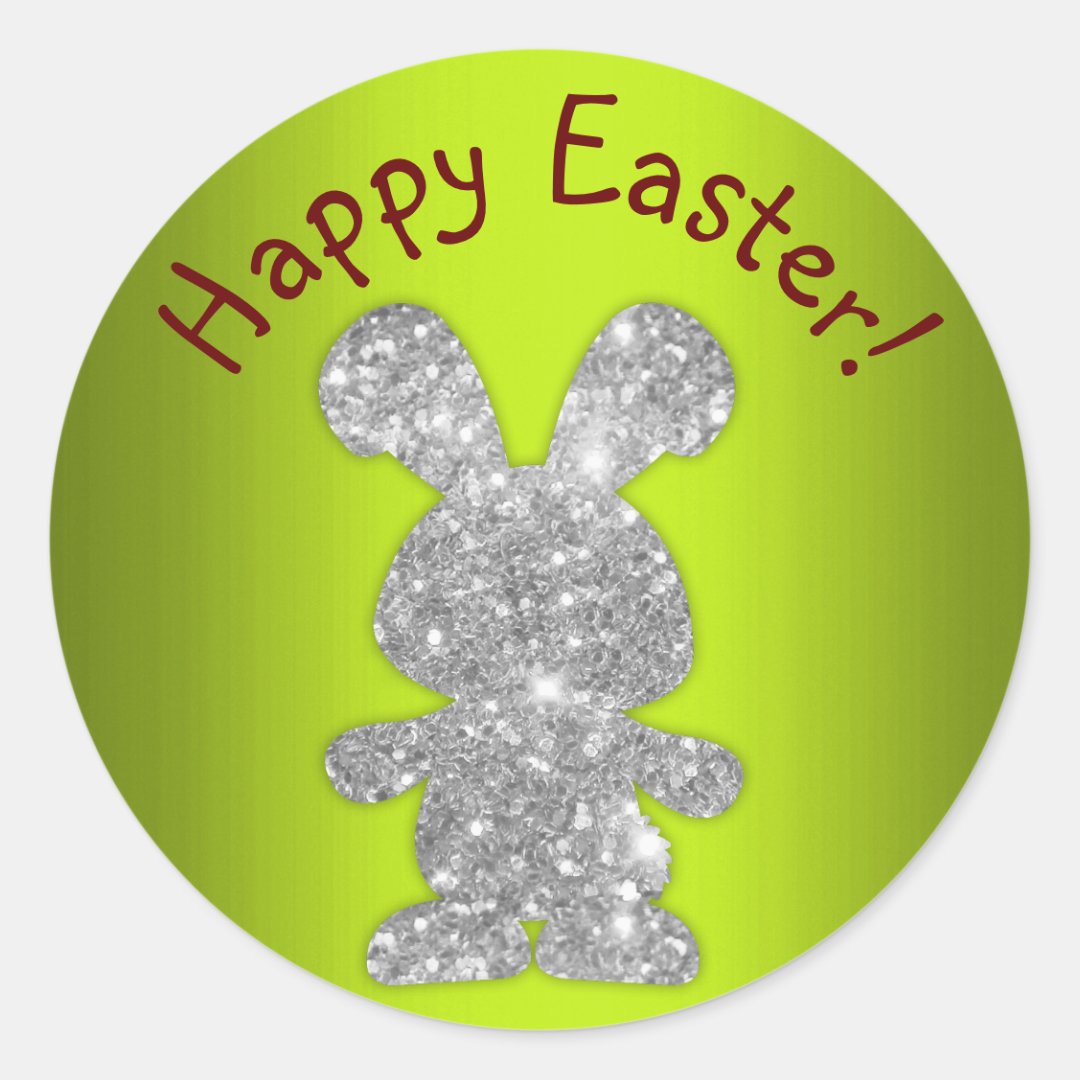 Silver Glitter Bunny Happy Easter Classic Round Sticker | Zazzle