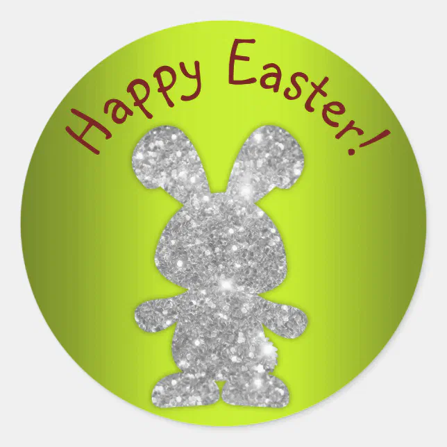 Silver Glitter Bunny Happy Easter Classic Round Sticker | Zazzle