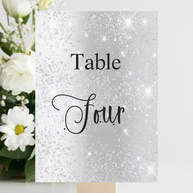 Silver glitter calligraphy table four 4 card | Zazzle