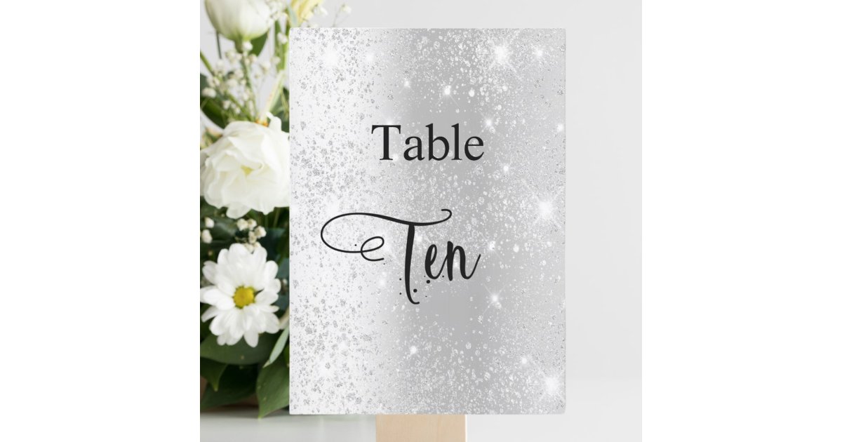 Silver glitter calligraphy table ten 10 card | Zazzle