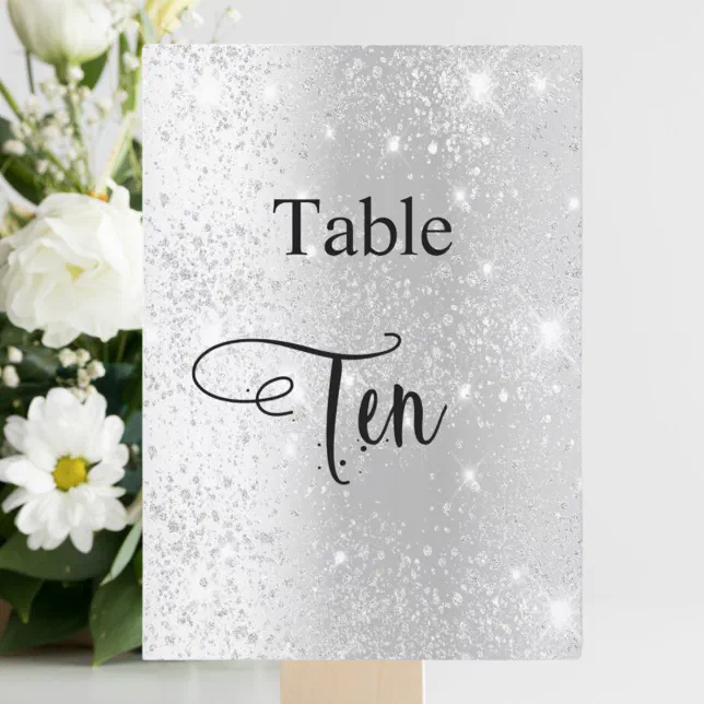 Silver glitter calligraphy table ten 10 card | Zazzle