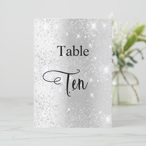 Silver glitter calligraphy table ten 10 card | Zazzle