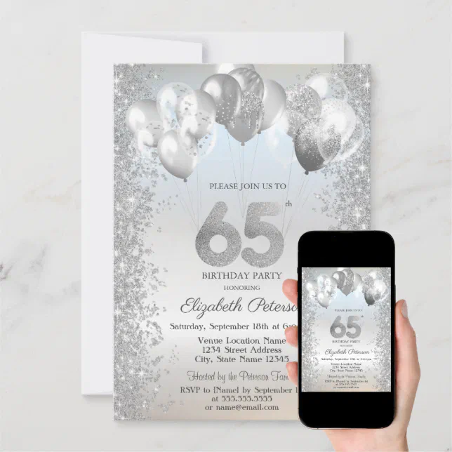 Silver Glitter Confetti Balloons 65th Birthday Invitation | Zazzle