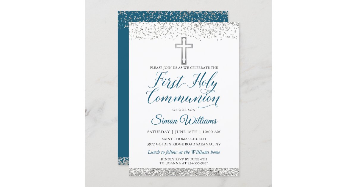 Silver Glitter Cross Script First Holy Communion Invitation | Zazzle