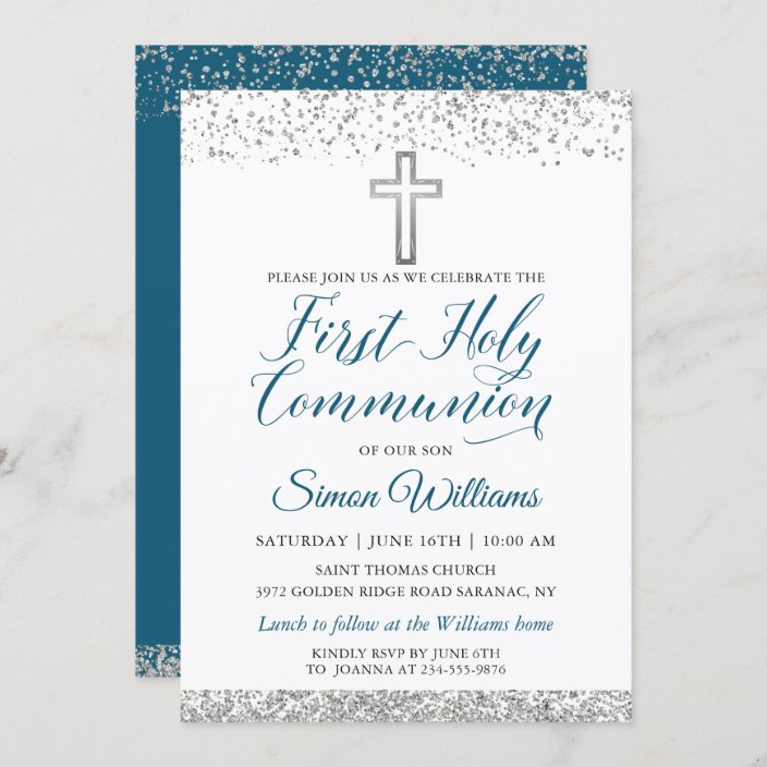 Silver Glitter Cross Script First Holy Communion Invitation | Zazzle.com