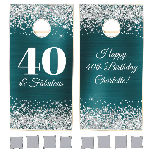 Silver Glitter Dark Teal Blue Foil 40th Birthday Cornhole Set | Zazzle