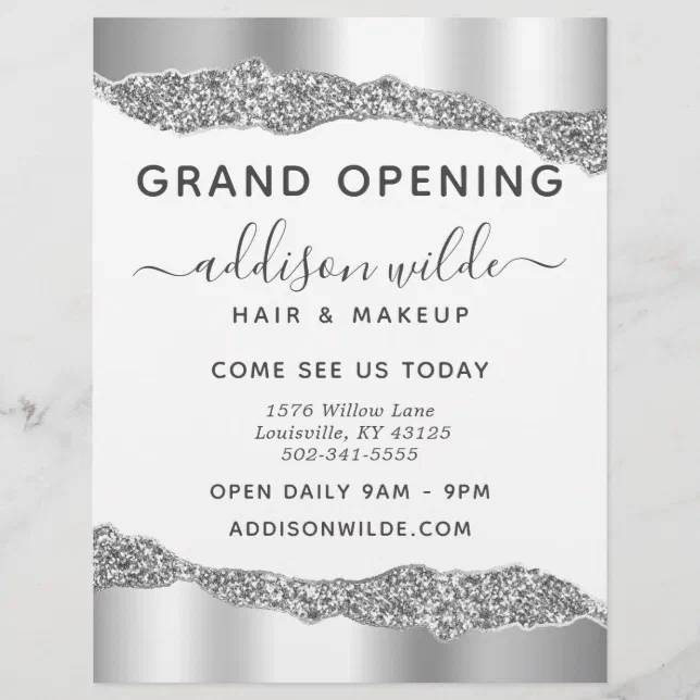 Silver Glitter Diamond Glam Business Grand Opening Flyer | Zazzle