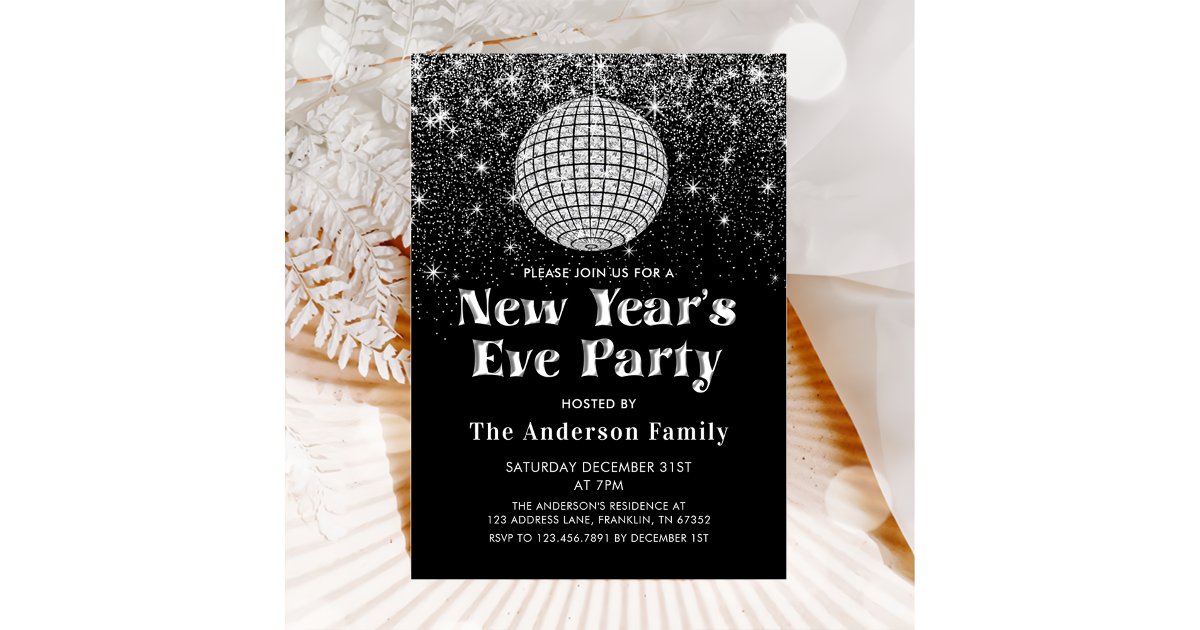 Silver Glitter Disco Ball New Year's Eve Party Invitation | Zazzle