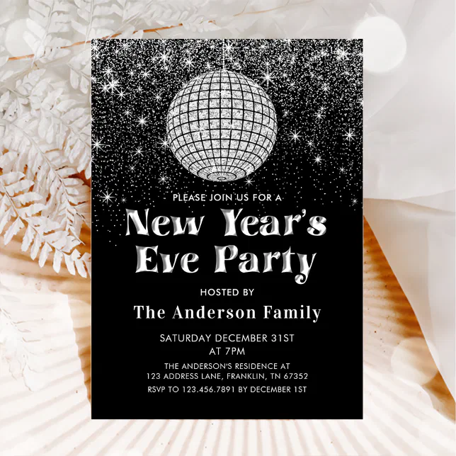 Silver Glitter Disco Ball New Year's Eve Party Invitation | Zazzle