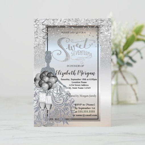 Silver Glitter Dress,Glass,Ballons Sweet 17 Invitation | Zazzle