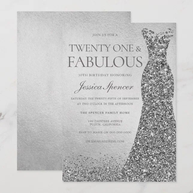 Silver Glitter Dress Womans 21st Birthday Party Invitation | Zazzle