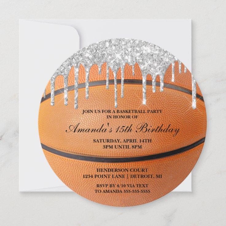 Silver Glitter Drip Basketball Invitation | Zazzle