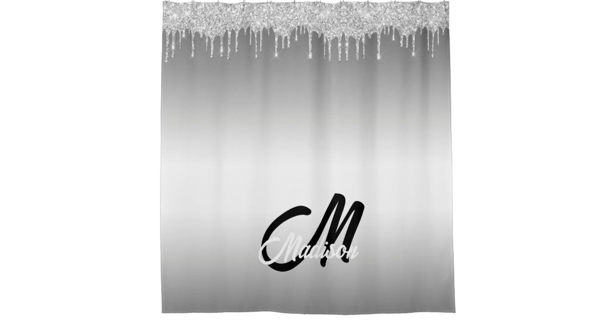Silver Glitter Drip Monogram Sparkle Cute Girly Shower Curtain | Zazzle