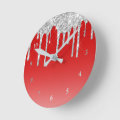 Silver Glitter Drip Red Background Round Clock | Zazzle