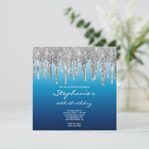 Silver Glitter Drip Sky Ocean Blue Ombre Birthday Invitation | Zazzle
