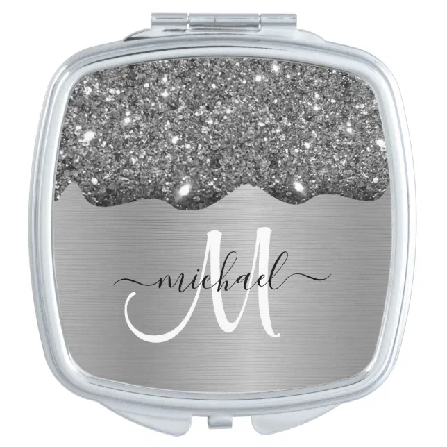 Silver Glitter Drip sparkle Metal Monogram Name Compact Mirror | Zazzle