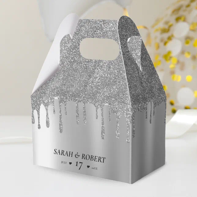 Silver Glitter Drip Wedding Favor Boxes | Zazzle