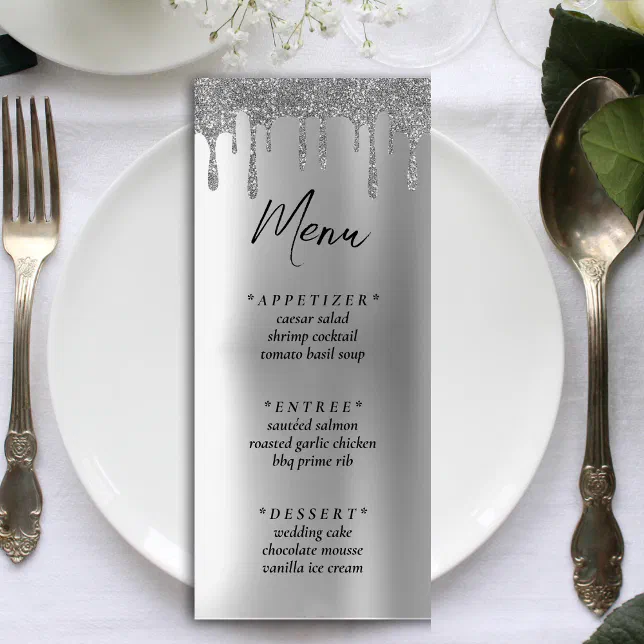 Silver Glitter Drip Wedding Reception Menu | Zazzle