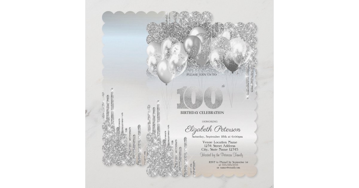 Silver Glitter Drips Balloons 100th Birthday Invitation | Zazzle