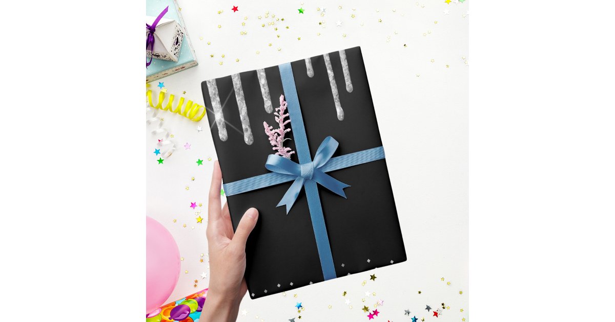 Silver glitter drips black sparkle wrapping paper | Zazzle