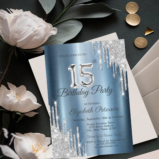 Silver Glitter Drips Blue Metallic 15th Birthday Invitation | Zazzle