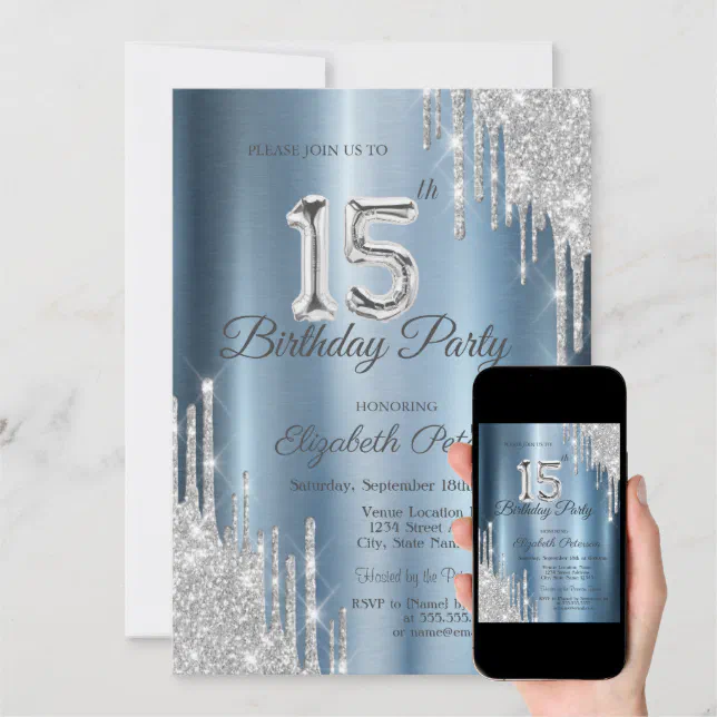 Silver Glitter Drips Blue Metallic 15th Birthday Invitation | Zazzle