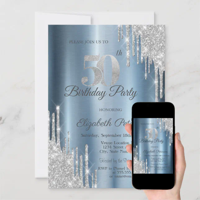 Silver Glitter Drips Blue Metallic 50th Birthday Invitation | Zazzle