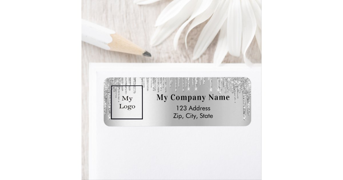 Silver glitter drips business logo return address label | Zazzle