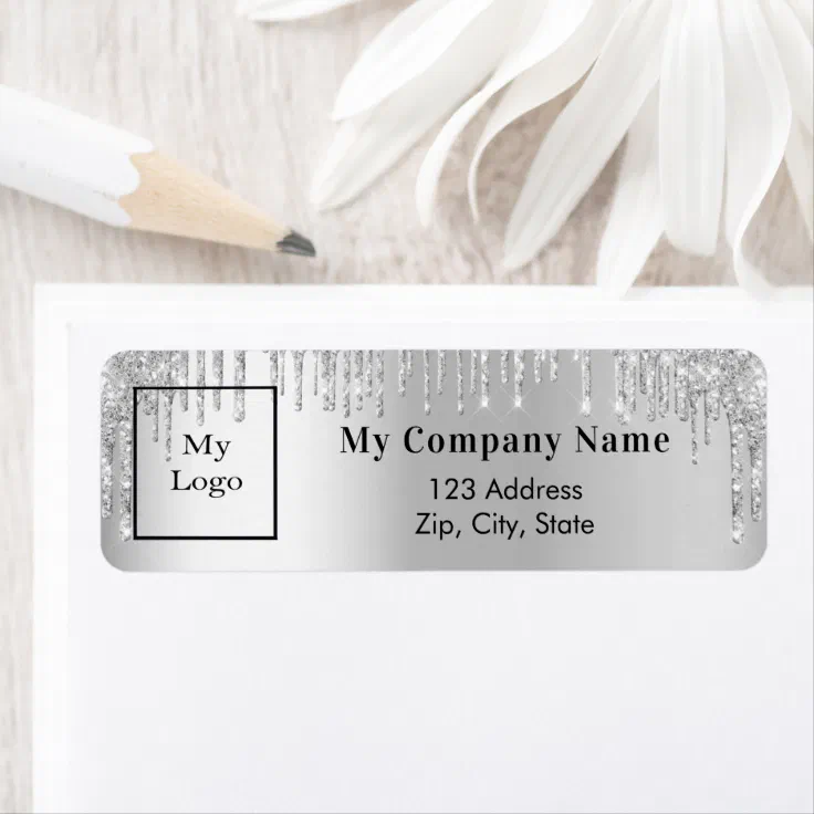 Silver glitter drips business logo return address label | Zazzle