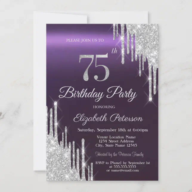 Silver Glitter Drips Dark Purple 75th Birthday Invitation | Zazzle
