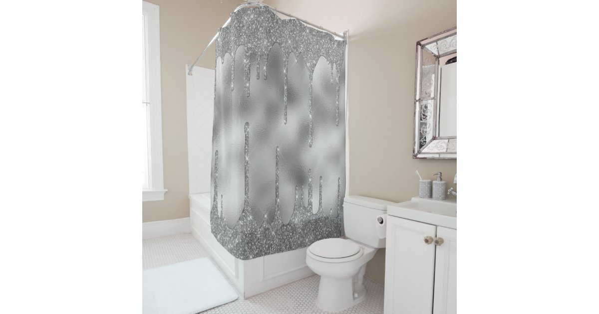 Silver Glitter Drips Glam Sparkle Foil Metal Shower Curtain | Zazzle