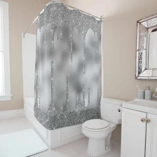 Silver Glitter Drips Glam Sparkle Foil Metal Shower Curtain | Zazzle