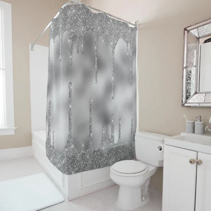 Silver Glitter Drips Glam Sparkle Foil Metal Shower Curtain | Zazzle