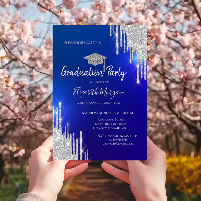 Silver Glitter Drips Grad Cap Blue Graduation Invitation | Zazzle