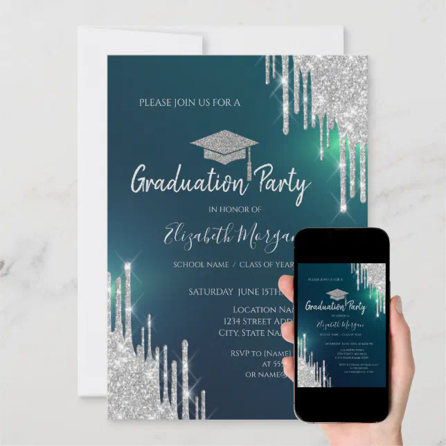 Silver Glitter Drips Grad Cap Green Graduation Invitation | Zazzle