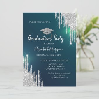 Silver Glitter Drips Grad Cap Green Graduation Invitation | Zazzle